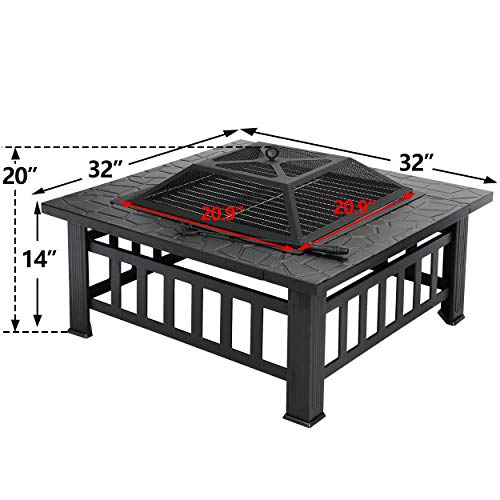 HANGKAI 32in Square Fire Pit Backyard Patio Garden Stove Wood Burning Fireplace -3 in 1 BBQ Grill, Cooler, and Fire Bowl w/Large Spark Screen, Log Poker and Cover