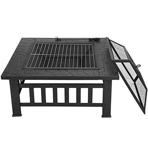 HANGKAI 32in Square Fire Pit Backyard Patio Garden Stove Wood Burning Fireplace -3 in 1 BBQ Grill, Cooler, and Fire Bowl w/Large Spark Screen, Log Poker and Cover