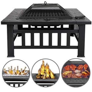 HANGKAI 32in Square Fire Pit Backyard Patio Garden Stove Wood Burning Fireplace -3 in 1 BBQ Grill, Cooler, and Fire Bowl w/Large Spark Screen, Log Poker and Cover