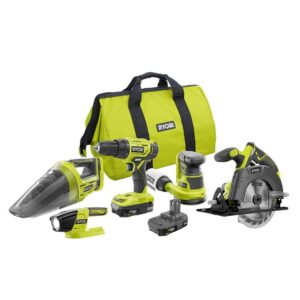 ryobi 18-volt one+ cordless 5-tool combo kit with (2) 1.5 ah compact lithium-ion batteries, charger, and bag