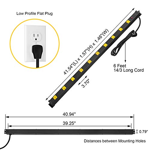 Suraielec 2-Pack 10 Outlet Long Power Strip Surge Protector, Industrial Heavy Duty Metal Shop Power Strip Flat Plug, 1000 Joules, 15 A Breaker, 6FT Cord, Wall Mountable, for Work Bench, Shop, Garage