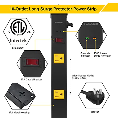 Suraielec 2-Pack 10 Outlet Long Power Strip Surge Protector, Industrial Heavy Duty Metal Shop Power Strip Flat Plug, 1000 Joules, 15 A Breaker, 6FT Cord, Wall Mountable, for Work Bench, Shop, Garage