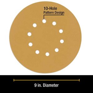 Dura-Gold Premium 9" Drywall Sanding Discs - 120 Grit (Box of 10) - 10 Hole Pattern Sandpaper Discs with Hook & Loop Backing, Fast Cutting Aluminum Oxide Abrasive - For Drywall Power Sander, Sand Wood