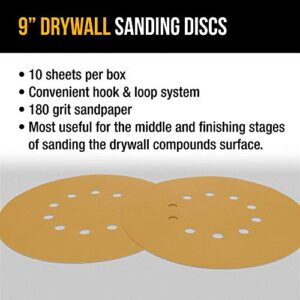 Dura-Gold Premium 9" Drywall Sanding Discs - 180 Grit (Box of 10) - 10 Hole Pattern Sandpaper Discs with Hook & Loop Backing, Fast Cutting Aluminum Oxide Abrasive - For Drywall Power Sander, Sand Wood