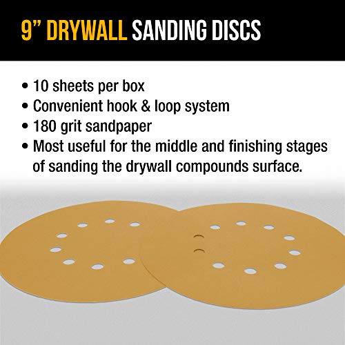 Dura-Gold Premium 9" Drywall Sanding Discs - 180 Grit (Box of 10) - 10 Hole Pattern Sandpaper Discs with Hook & Loop Backing, Fast Cutting Aluminum Oxide Abrasive - For Drywall Power Sander, Sand Wood