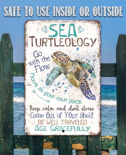 Sea Turtle Decor - Sea Turtleology - Durable Sea Turtle Gifts Metal Sign - Metal Sea Turtle Wall Decor - Sea Turtles Ocean Bathroom Decor - Great SeaTurtle Decorations for Home - Turtle Sign 8" x 12"