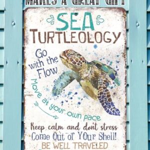 Sea Turtle Decor - Sea Turtleology - Durable Sea Turtle Gifts Metal Sign - Metal Sea Turtle Wall Decor - Sea Turtles Ocean Bathroom Decor - Great SeaTurtle Decorations for Home - Turtle Sign 8" x 12"