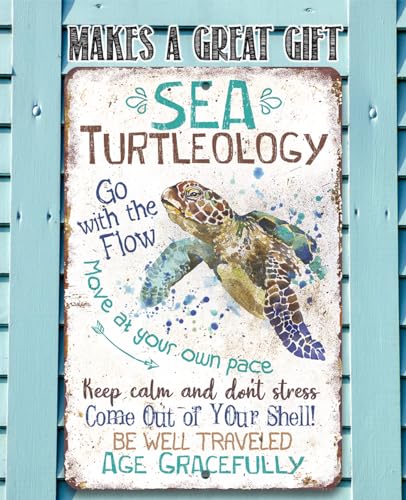 Sea Turtle Decor - Sea Turtleology - Durable Sea Turtle Gifts Metal Sign - Metal Sea Turtle Wall Decor - Sea Turtles Ocean Bathroom Decor - Great SeaTurtle Decorations for Home - Turtle Sign 8" x 12"