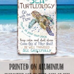 Sea Turtle Decor - Sea Turtleology - Durable Sea Turtle Gifts Metal Sign - Metal Sea Turtle Wall Decor - Sea Turtles Ocean Bathroom Decor - Great SeaTurtle Decorations for Home - Turtle Sign 8" x 12"