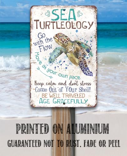 Sea Turtle Decor - Sea Turtleology - Durable Sea Turtle Gifts Metal Sign - Metal Sea Turtle Wall Decor - Sea Turtles Ocean Bathroom Decor - Great SeaTurtle Decorations for Home - Turtle Sign 8" x 12"