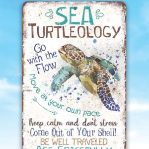 Sea Turtle Decor - Sea Turtleology - Durable Sea Turtle Gifts Metal Sign - Metal Sea Turtle Wall Decor - Sea Turtles Ocean Bathroom Decor - Great SeaTurtle Decorations for Home - Turtle Sign 8" x 12"