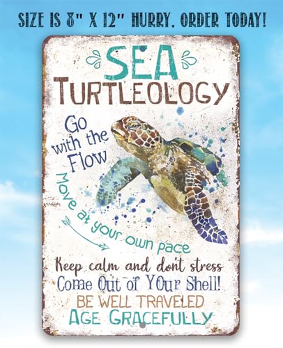 Sea Turtle Decor - Sea Turtleology - Durable Sea Turtle Gifts Metal Sign - Metal Sea Turtle Wall Decor - Sea Turtles Ocean Bathroom Decor - Great SeaTurtle Decorations for Home - Turtle Sign 8" x 12"