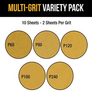 Dura-Gold Premium 9" Drywall Sanding Discs Variety Pack Box - 60, 80, 120, 180, 240 Grit (2 Discs Each, 10 Total) - Sandpaper Discs with Hook & Loop Backing, Fast Cutting For Drywall Power Sander Wood