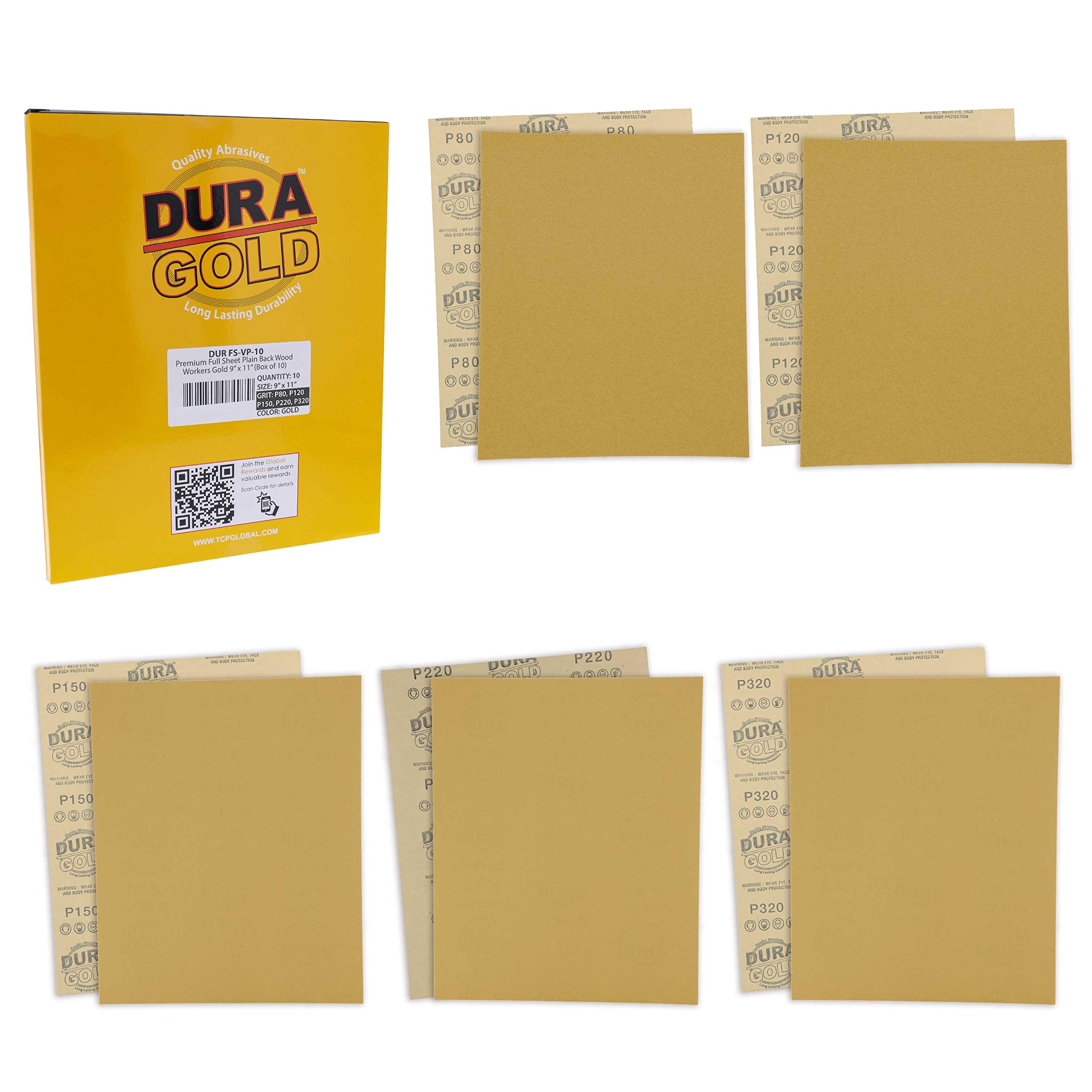 Dura-Gold Premium 9" x 11" Gold Sandpaper, 2 Each 80, 120, 150, 220, 320 Grit Sanding Sheets, 10 Total - Wood Woodworking, Automotive, Cut Use 1/4, 1/3, 1/2 Sheet Finishing Sanders, Hand Sanding Block