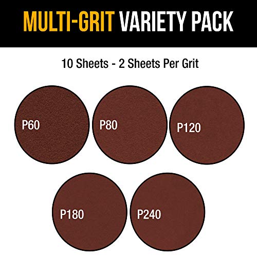 Dura-Gold Premium 10" Sanding Discs Variety Pack Box - 60, 80, 120, 180, 240 Grit (2 Discs Each, 10 Total) - Sandpaper Discs with PSA Self Adhesive - Drywall, Floor, Woodworking, Auto For Power Sander