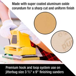 Dura-Gold Premium 80, 120, 150, 220, 320 Grit 1/3 Sheet Size Gold Sandpaper with Hook & Loop Backing, 3-2/3" x 9", 4 Each, 20 Total - Sanding Wood Woodworking, Automotive, Finishing Jitterbug Sander