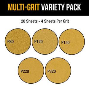 Dura-Gold Premium 80, 120, 150, 220, 320 Grit 1/3 Sheet Size Gold Sandpaper with Hook & Loop Backing, 3-2/3" x 9", 4 Each, 20 Total - Sanding Wood Woodworking, Automotive, Finishing Jitterbug Sander