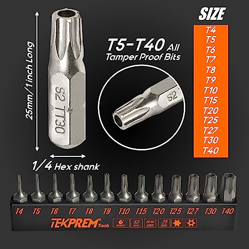 Torx Bit Set, TEKPREM 13-Piece Security Torx Screwdriver Bit Set with 1 inch Long T4 T5 T6 T7 T8 T9 T10 T15 T20 T25 T27 T30 T40 Tamper Resistant Torx Bits Set