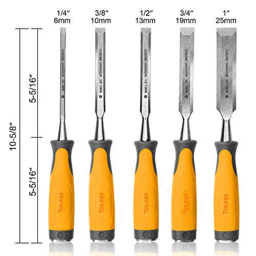 TOLESA 5-Piece Wood Chisel Sets, Cr-V and Soft Grip with Hammer End Wood Chisel Kit for Carpentry, Woodworking