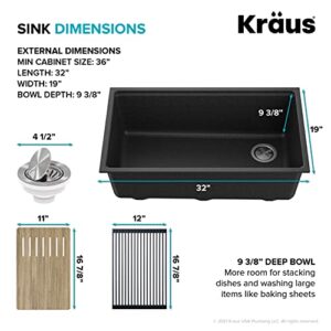 KRAUS Bellucci Workstation 32 inch Undermount Granite Composite Single Bowl Kitchen Sink in Metallic Black with Accessories, KGUW2-33MBL