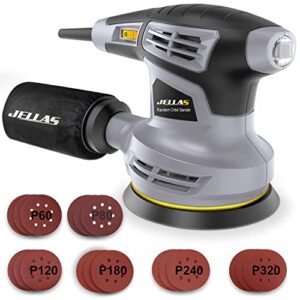 jellas 5-inch random orbital sander with 18pcs sandpapers, 13000rpm 6 variable speed sander machine, high performance dust collection system for woodworking, 2.5a, dust collection bag include - os280