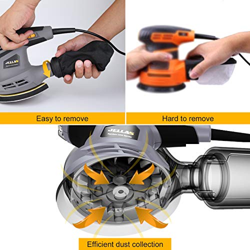 Jellas 5-Inch Random Orbital Sander with 18Pcs Sandpapers, 13000RPM 6 Variable Speed Sander Machine, High Performance Dust Collection System for Woodworking, 2.5A, Dust Collection Bag Include - OS280