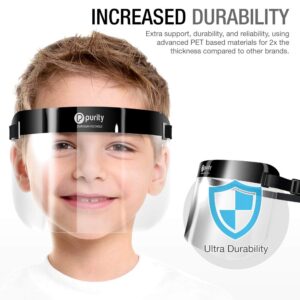 Purity Protective Kids Face Shield DuraSlim Series (Kid Size) Reusable Full PET Transparent Materials Slide Adjuster Elastic Band with Straps for Full Facial Protection - Pack of 4 - Black