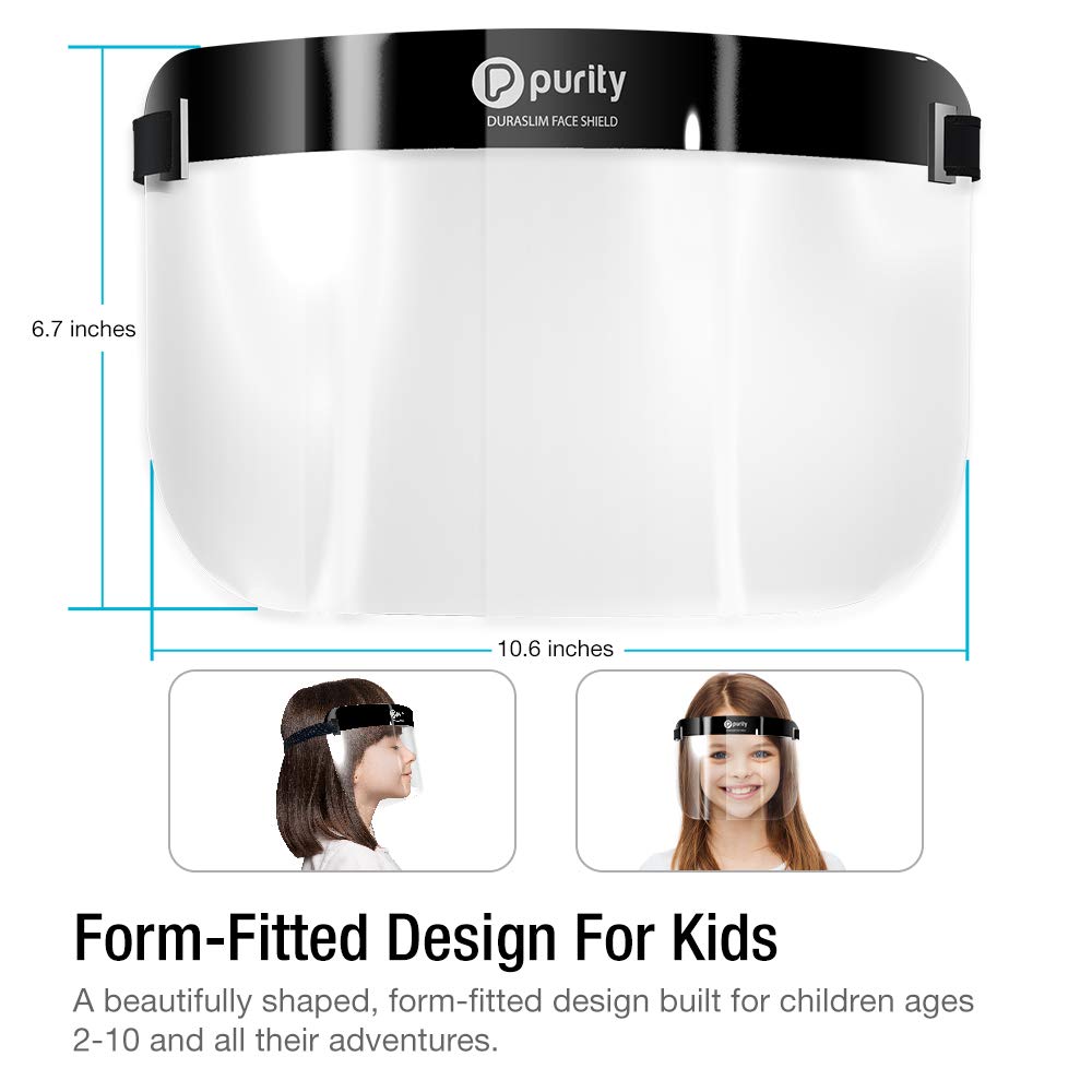 Purity Protective Kids Face Shield DuraSlim Series (Kid Size) Reusable Full PET Transparent Materials Slide Adjuster Elastic Band with Straps for Full Facial Protection - Pack of 4 - Black