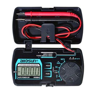 allsun auto ranging pocket tiny digital multimeter, mini electrical travel meter ac/dc ohm volt ncv amp capacitance frequency diode continuity