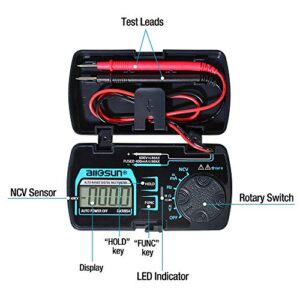 allsun Auto Ranging Pocket Tiny Digital Multimeter, Mini Electrical Travel Meter AC/DC Ohm Volt NCV Amp Capacitance Frequency Diode Continuity