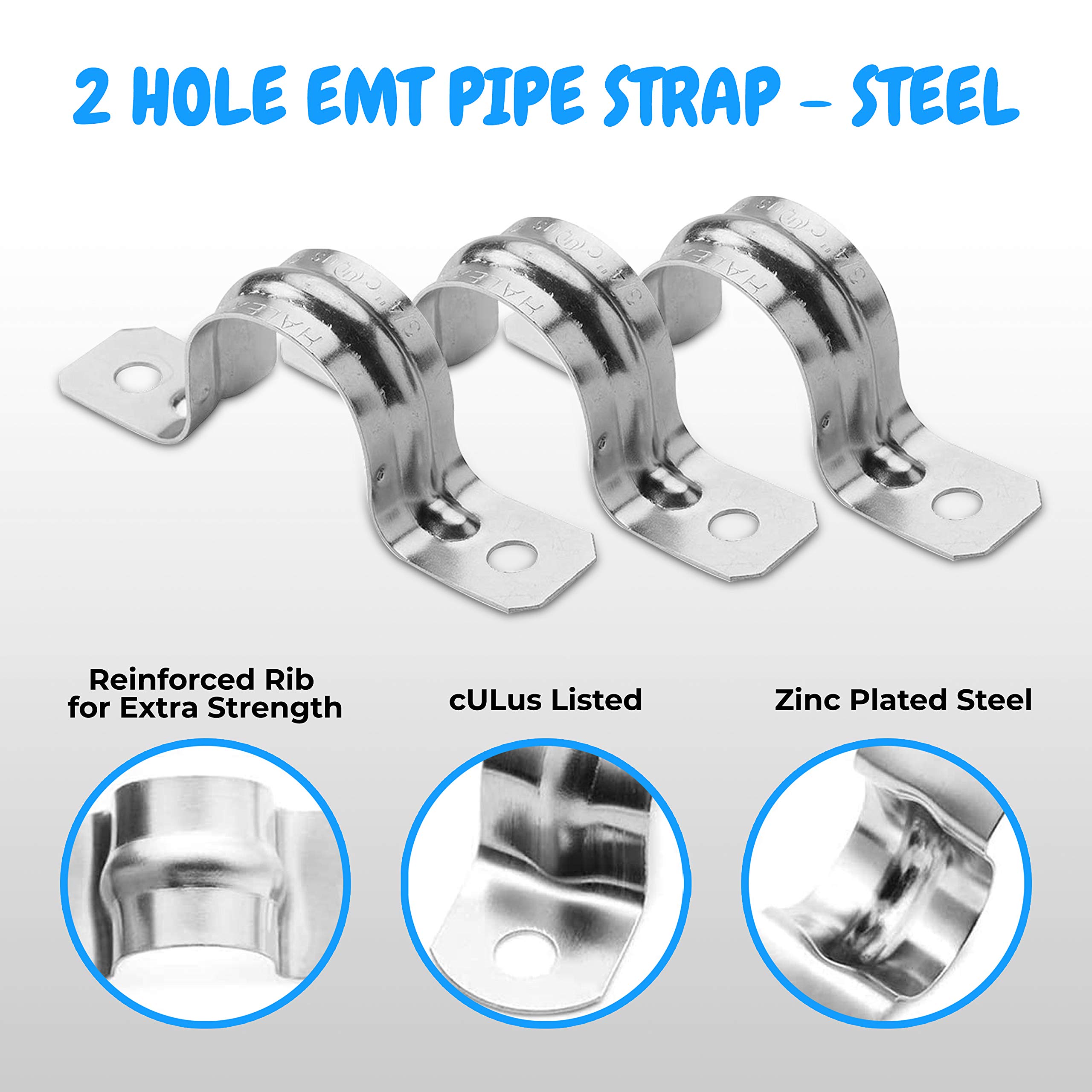 OhLectric 2 Hole 3/4 Inch Pipe Strap - Reinforced Rib for Extra Strength - Zinc-Plated Steel Pipe Strap Clamp for EMT Conduit - Snap-On Installation - Pack of 50; OL-72853