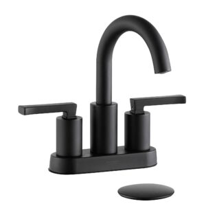 roffenny matte black bathroom faucets for sink 3 holes, contemporary 2-handle 4 inch centerset bathroom faucet, 4 in center bath vanity sink faucet, high-arc 360 swivel spout, with pop-up drain