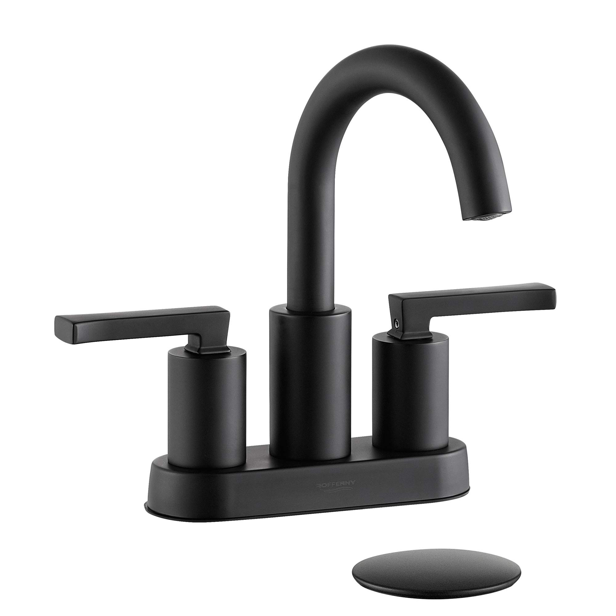 Roffenny Matte Black Bathroom Faucets for Sink 3 Holes, Contemporary 2-Handle 4 inch Centerset Bathroom Faucet, 4 in Center Bath Vanity Sink Faucet, High-Arc 360 Swivel Spout, with Pop-up Drain