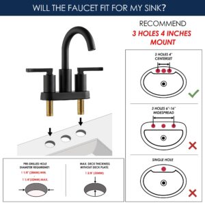 Roffenny Matte Black Bathroom Faucets for Sink 3 Holes, Contemporary 2-Handle 4 inch Centerset Bathroom Faucet, 4 in Center Bath Vanity Sink Faucet, High-Arc 360 Swivel Spout, with Pop-up Drain