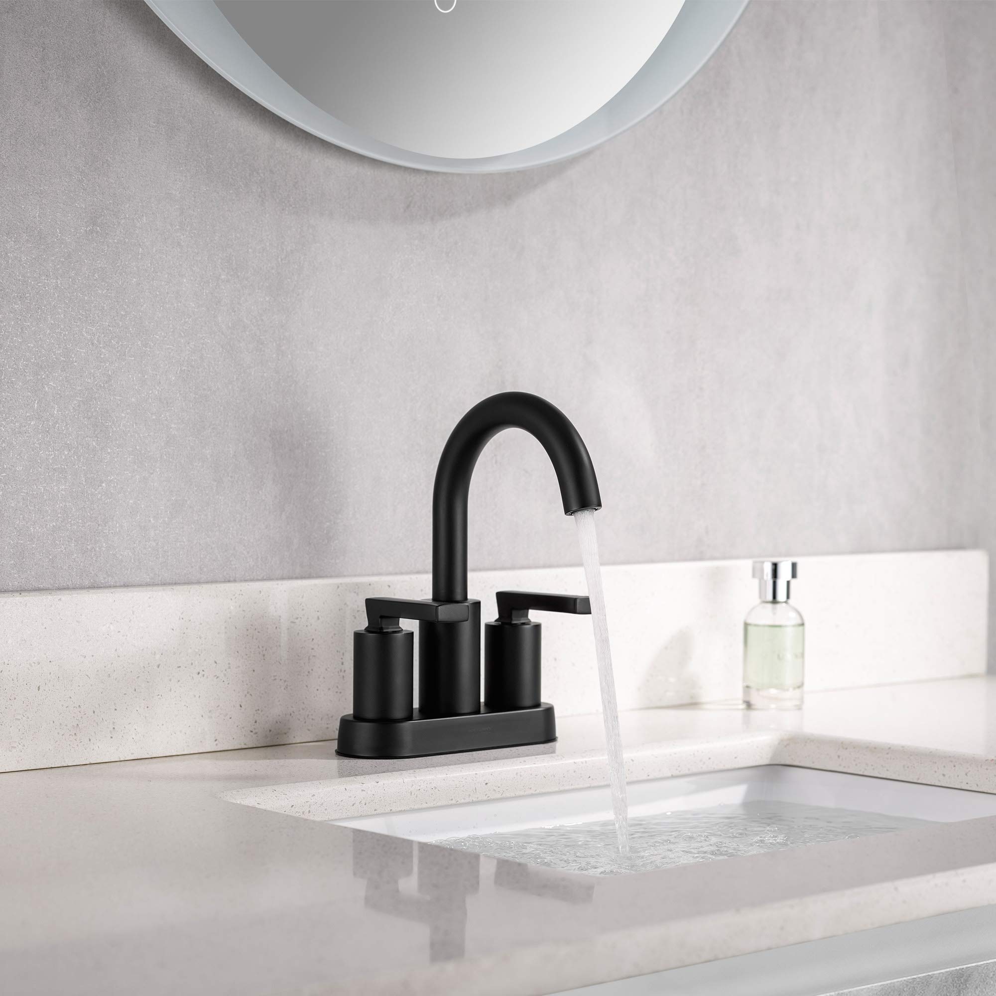 Roffenny Matte Black Bathroom Faucets for Sink 3 Holes, Contemporary 2-Handle 4 inch Centerset Bathroom Faucet, 4 in Center Bath Vanity Sink Faucet, High-Arc 360 Swivel Spout, with Pop-up Drain