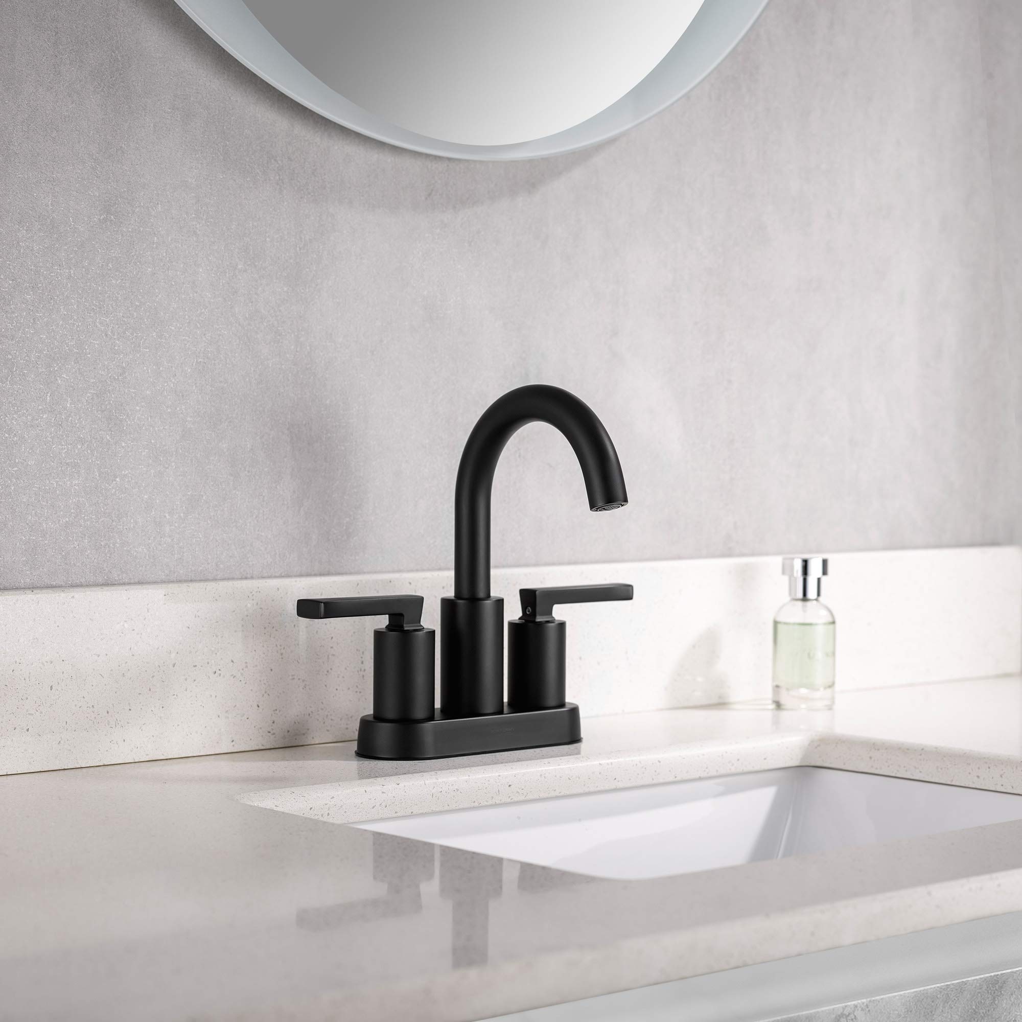 Roffenny Matte Black Bathroom Faucets for Sink 3 Holes, Contemporary 2-Handle 4 inch Centerset Bathroom Faucet, 4 in Center Bath Vanity Sink Faucet, High-Arc 360 Swivel Spout, with Pop-up Drain