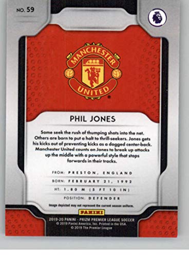 2019-20 Prizm EPL English Premier League #59 Phil Jones Manchester United Official Panini Soccer Futbol Trading Card