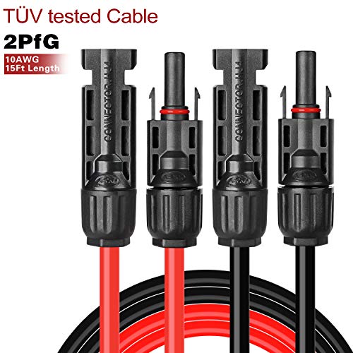 Solar Panel Extension Cable,10AWG(6mm²) Solar Extension Cable Wire with 1 Pair 15 Feet Black + 15 Feet Red Weatherproof Tinned Copper Extension Cable Wire Adapter Kit