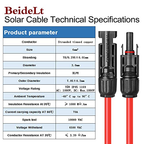 BeideLt 10 Feet 10AWG Solar Extension Cable with Female and Male Connector with Extra Free Pair of Connectors Solar Panel Adaptor Kit Tool (10FT Red + 10FT Black) Solar Panle Wire