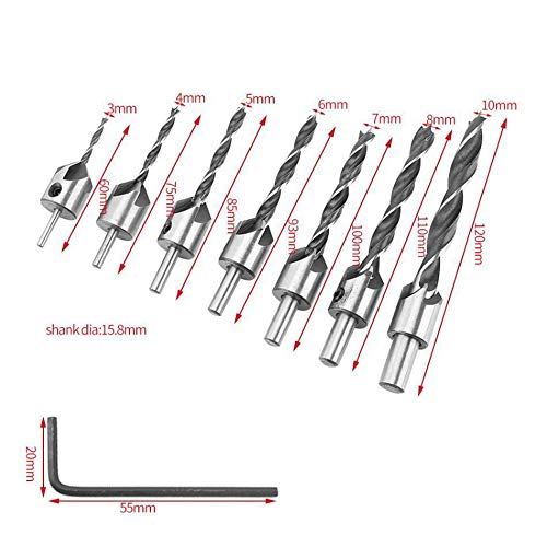 TOOLSTAR Countersink Drill Bit, 7PCS 3-10mm Woodworking Chamfer Counter Bit Set Adjustable Carpentry Reamer Plated for Wood DIY with 1 Hex Key Wrench (Titanium Coated)