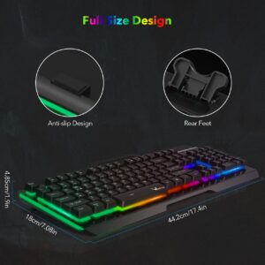 WisFox Wired Keyboard, Computer Keyboard with Rainbow LED Backlit, All-Metal Panel Gaming Keyboard with Phone Holder, Full Size Quiet Warterproof Office USB Keyboard for Desktop, Computer, PC