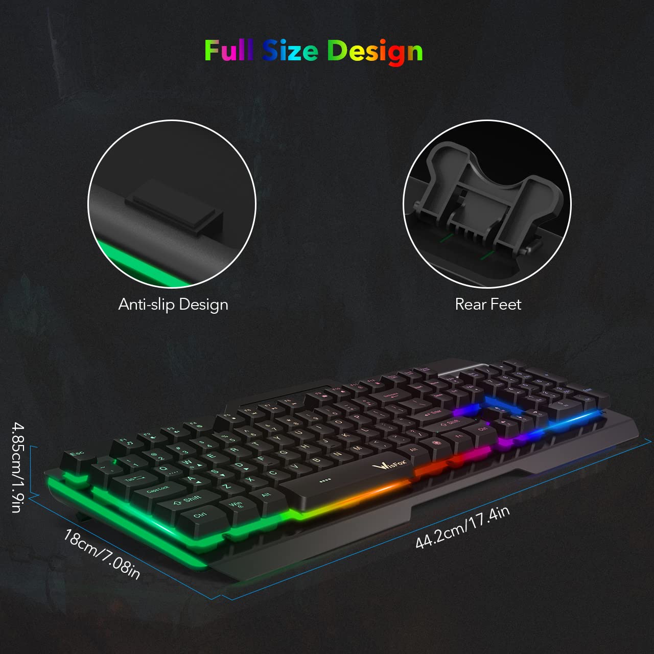 WisFox Wired Keyboard, Computer Keyboard with Rainbow LED Backlit, All-Metal Panel Gaming Keyboard with Phone Holder, Full Size Quiet Warterproof Office USB Keyboard for Desktop, Computer, PC