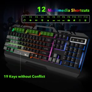 WisFox Wired Keyboard, Computer Keyboard with Rainbow LED Backlit, All-Metal Panel Gaming Keyboard with Phone Holder, Full Size Quiet Warterproof Office USB Keyboard for Desktop, Computer, PC