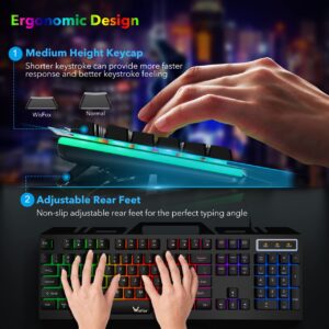 WisFox Wired Keyboard, Computer Keyboard with Rainbow LED Backlit, All-Metal Panel Gaming Keyboard with Phone Holder, Full Size Quiet Warterproof Office USB Keyboard for Desktop, Computer, PC