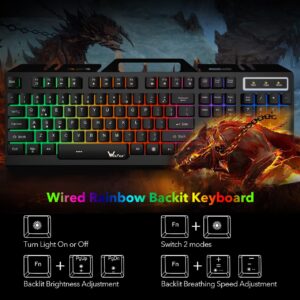 WisFox Wired Keyboard, Computer Keyboard with Rainbow LED Backlit, All-Metal Panel Gaming Keyboard with Phone Holder, Full Size Quiet Warterproof Office USB Keyboard for Desktop, Computer, PC