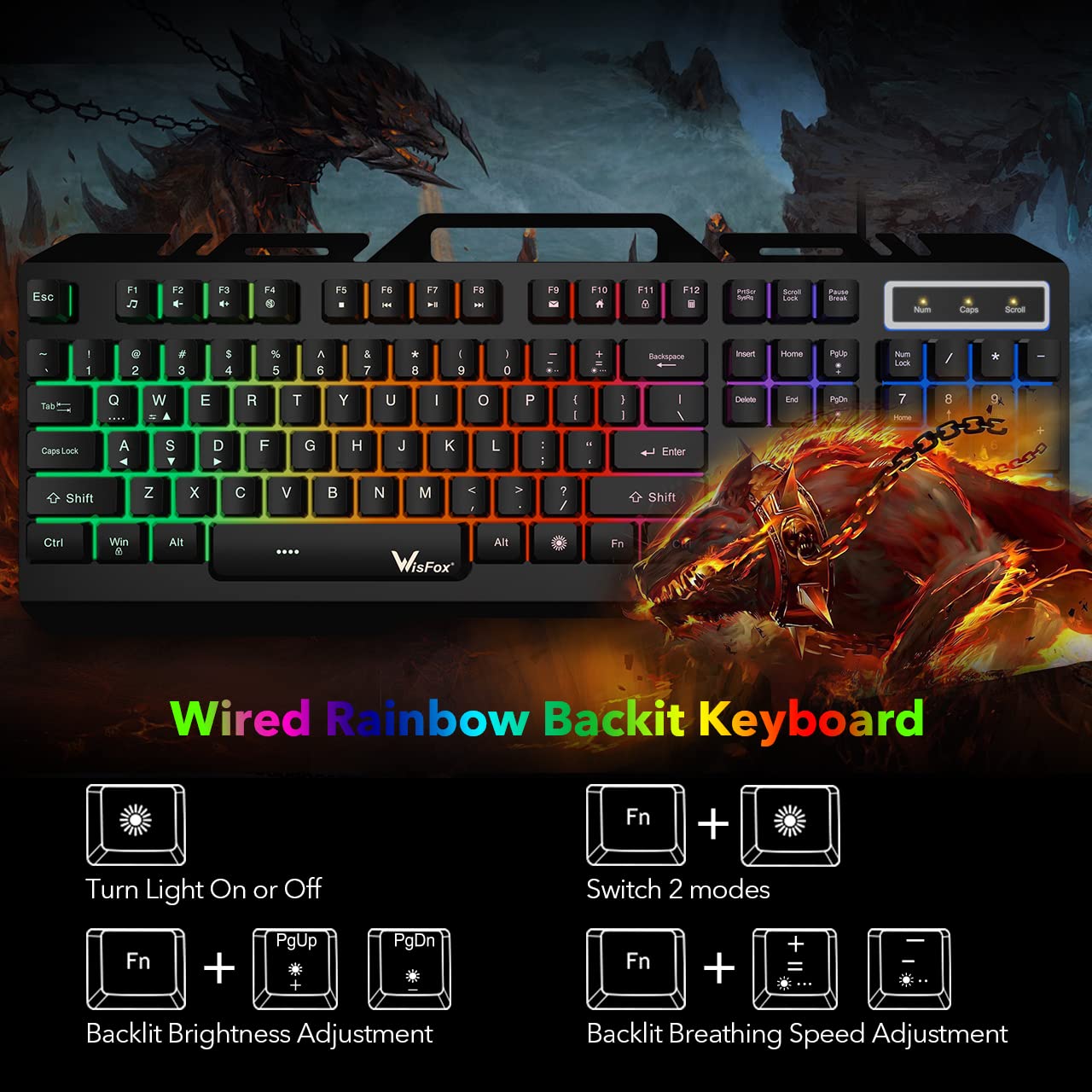 WisFox Wired Keyboard, Computer Keyboard with Rainbow LED Backlit, All-Metal Panel Gaming Keyboard with Phone Holder, Full Size Quiet Warterproof Office USB Keyboard for Desktop, Computer, PC