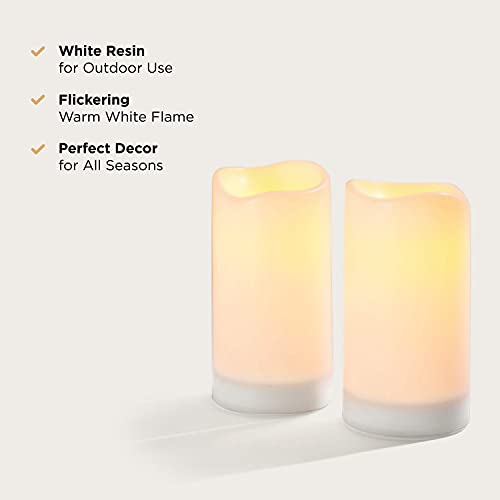 Large Outdoor Solar Candles - 4x8 Flameless Pillar Candle Set, White Resin, Flickering LED Light, Dusk to Dawn Timer, Rechargeable Solar Battery Included, Waterproof for Patio Decor - 2 Pack