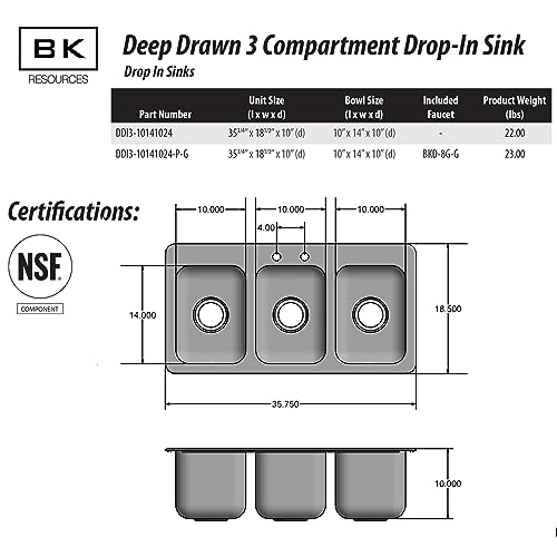 BK Resources DDI3-10141024 Three Compartment Drop-in Deck Mount Sink 10" x 14" x10" Bowl