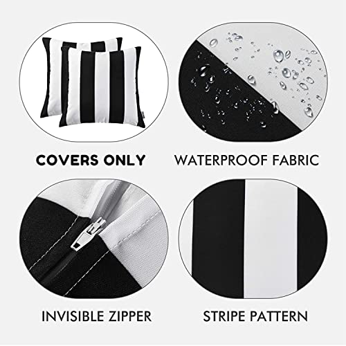 Western Home Pack of 2 Decorative Outdoor Solid Waterproof Striped Throw Pillow Covers Polyester Linen Garden Farmhouse Cushion Cases for Patio Tent Balcony Couch Sofa 18x18 inch Black