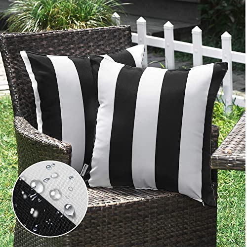 Western Home Pack of 2 Decorative Outdoor Solid Waterproof Striped Throw Pillow Covers Polyester Linen Garden Farmhouse Cushion Cases for Patio Tent Balcony Couch Sofa 18x18 inch Black